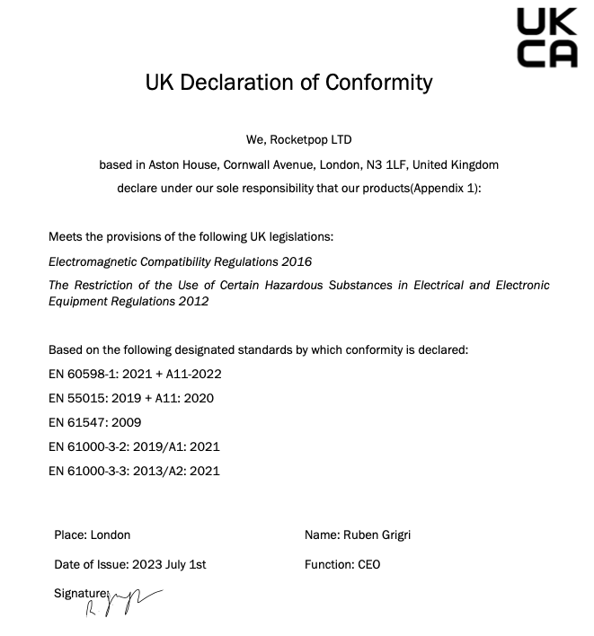 Ukca Declaration Of Conformity